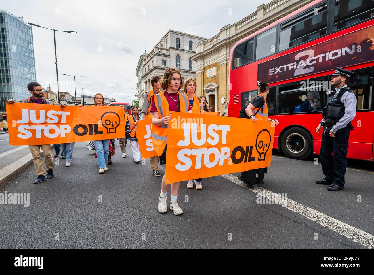 London, UK. 27th June, 2023. Extraction 2 (a bus being let through has ...
