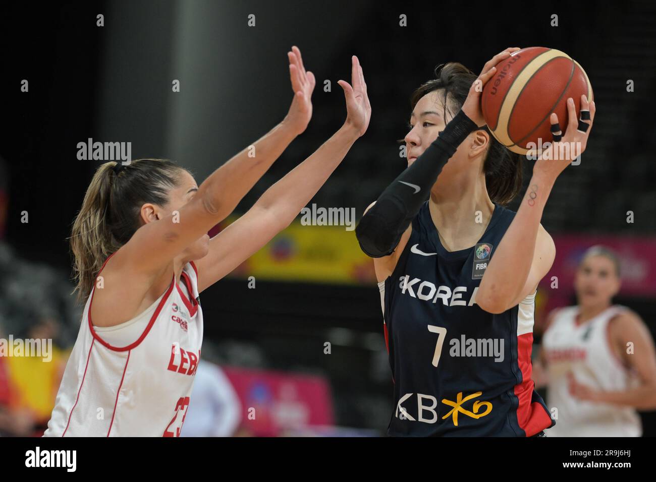 Sydney, Australia. 27th June, 2023. Nathalie Sevajian (L) of the Lebanon Women Basketball team ...