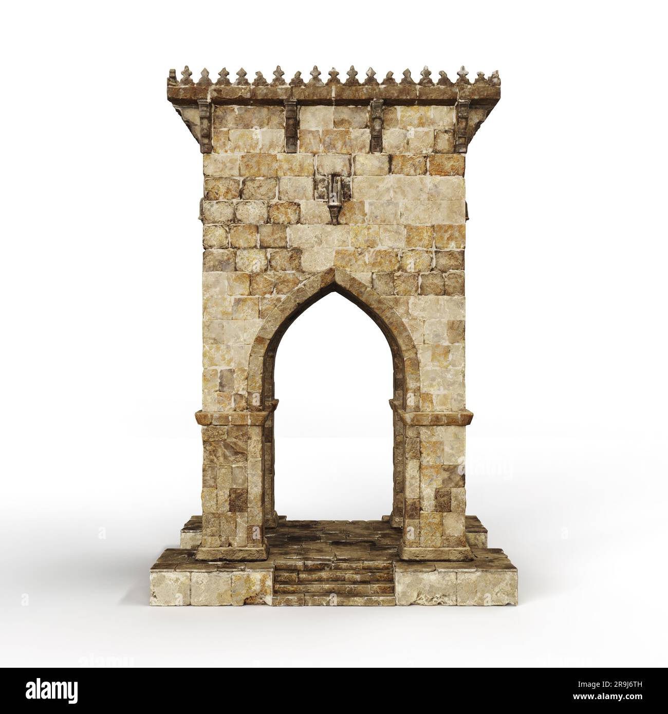 A 3D rendered scale model of an ornate stone archway with intricate ...
