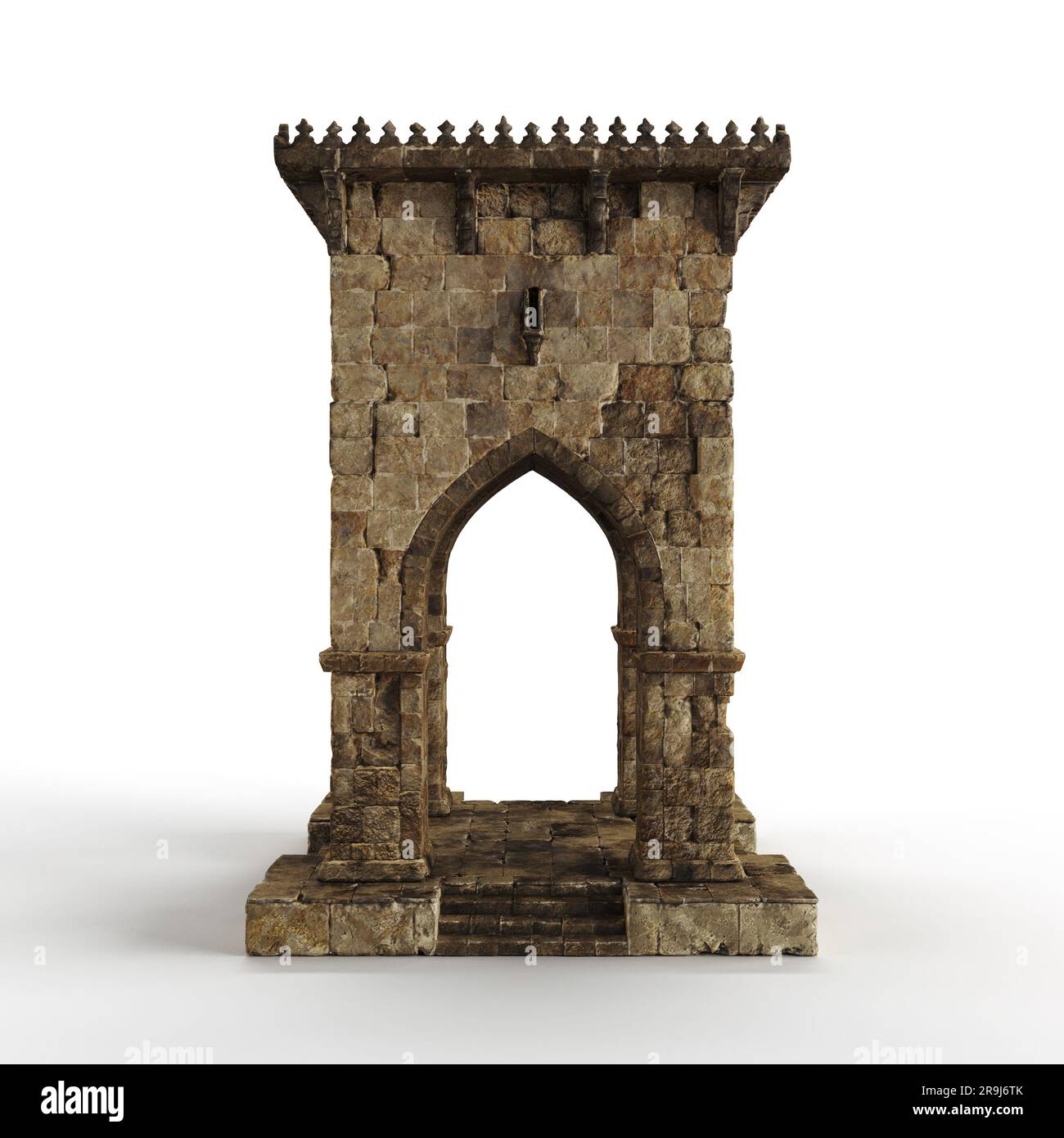 A 3D rendered scale model of an ornate stone archway with detailed ...