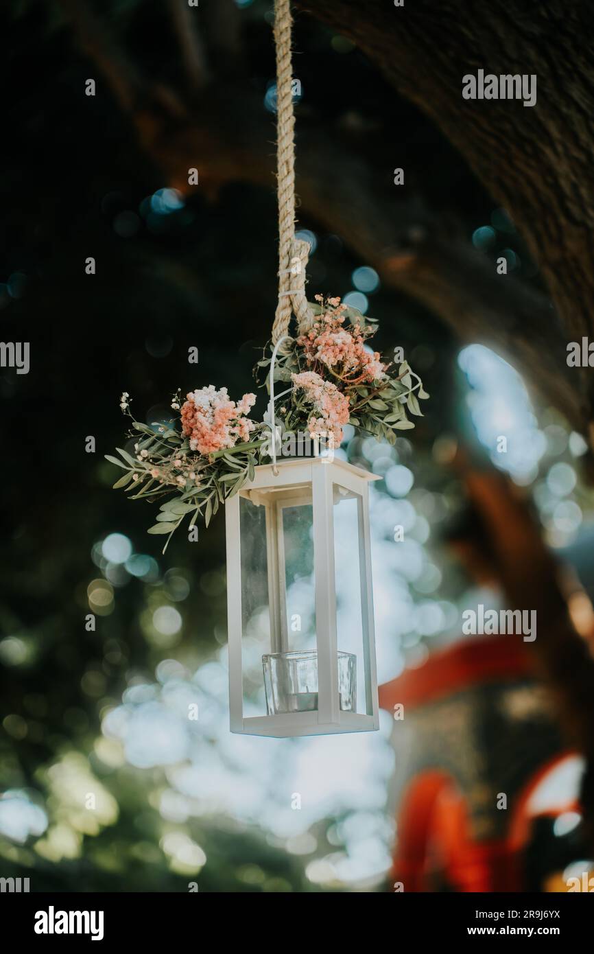 A white hanging lamp with a floral design suspended from a tree branch ...