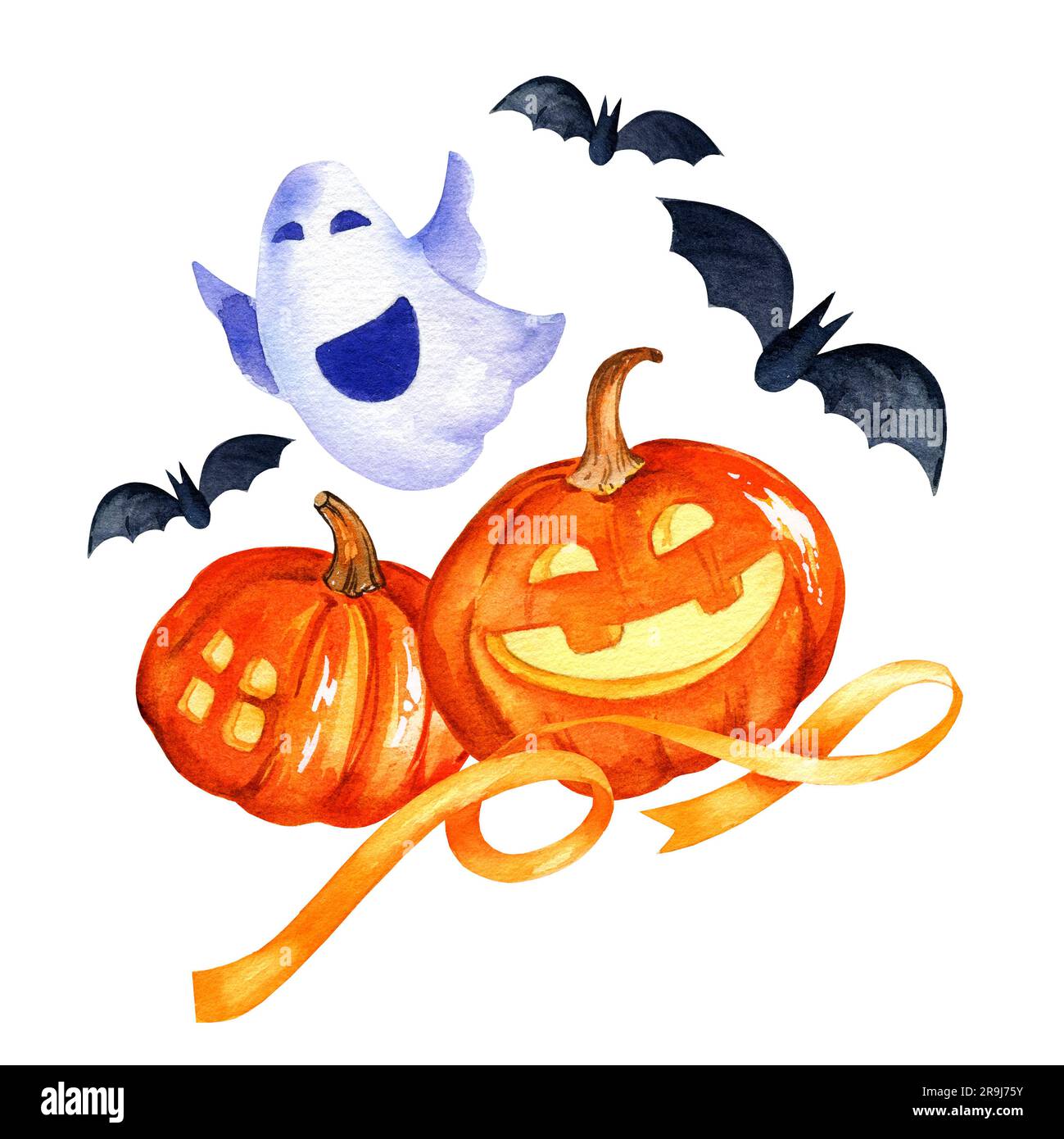 watercolour composition of halloween theme with pumpkins, ghosts, bats ...