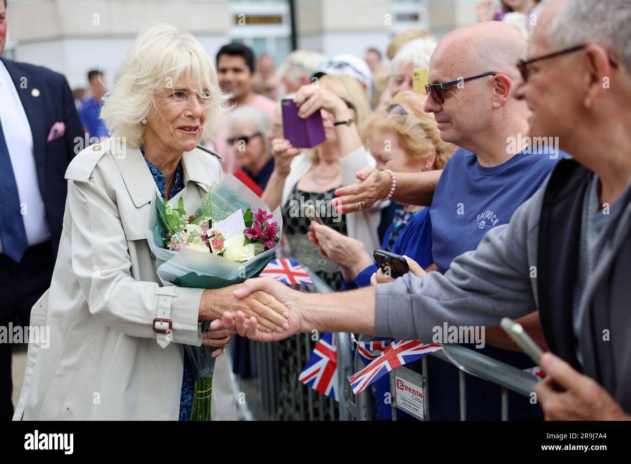 Queen Camilla meets with members of the public during a visit to the ...