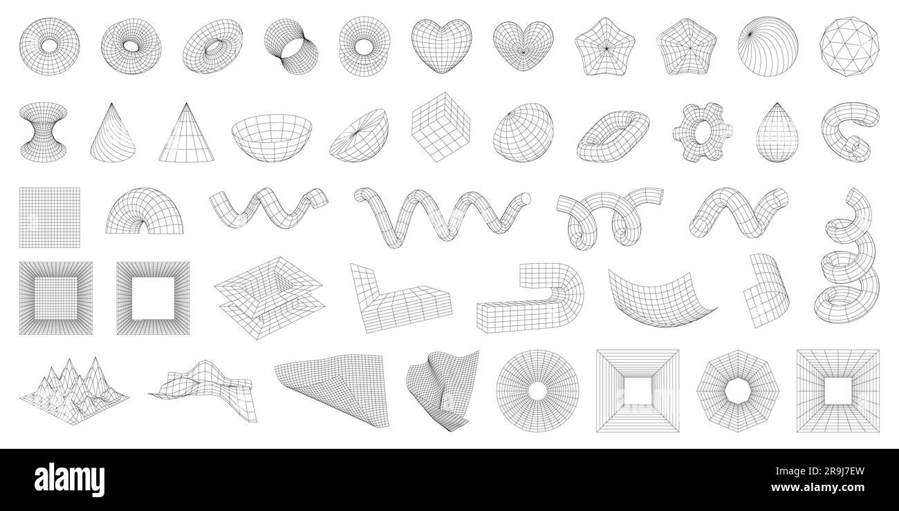 Set of wireframe 3D geometric shapes. Wire frame abstract figures. Torus, spirals, gear, heart ...