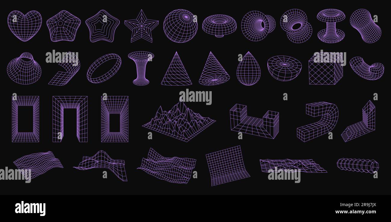 Set of wireframe 3D geometric shapes. Abstract figures, Distorted mesh ... Set of wireframe 3D geometric shapes. Abstract figures, Distorted mesh ...