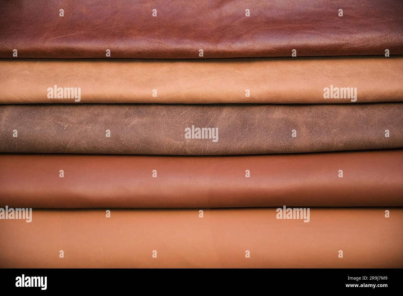 An array of leather fabric samples in different shades neatly placed on ...