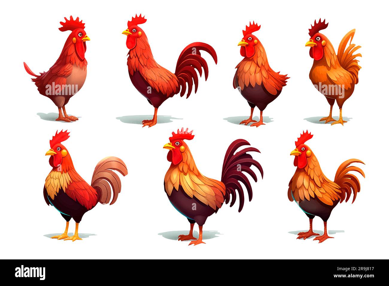 set rooster in cartoon style for video game isolated on white ...