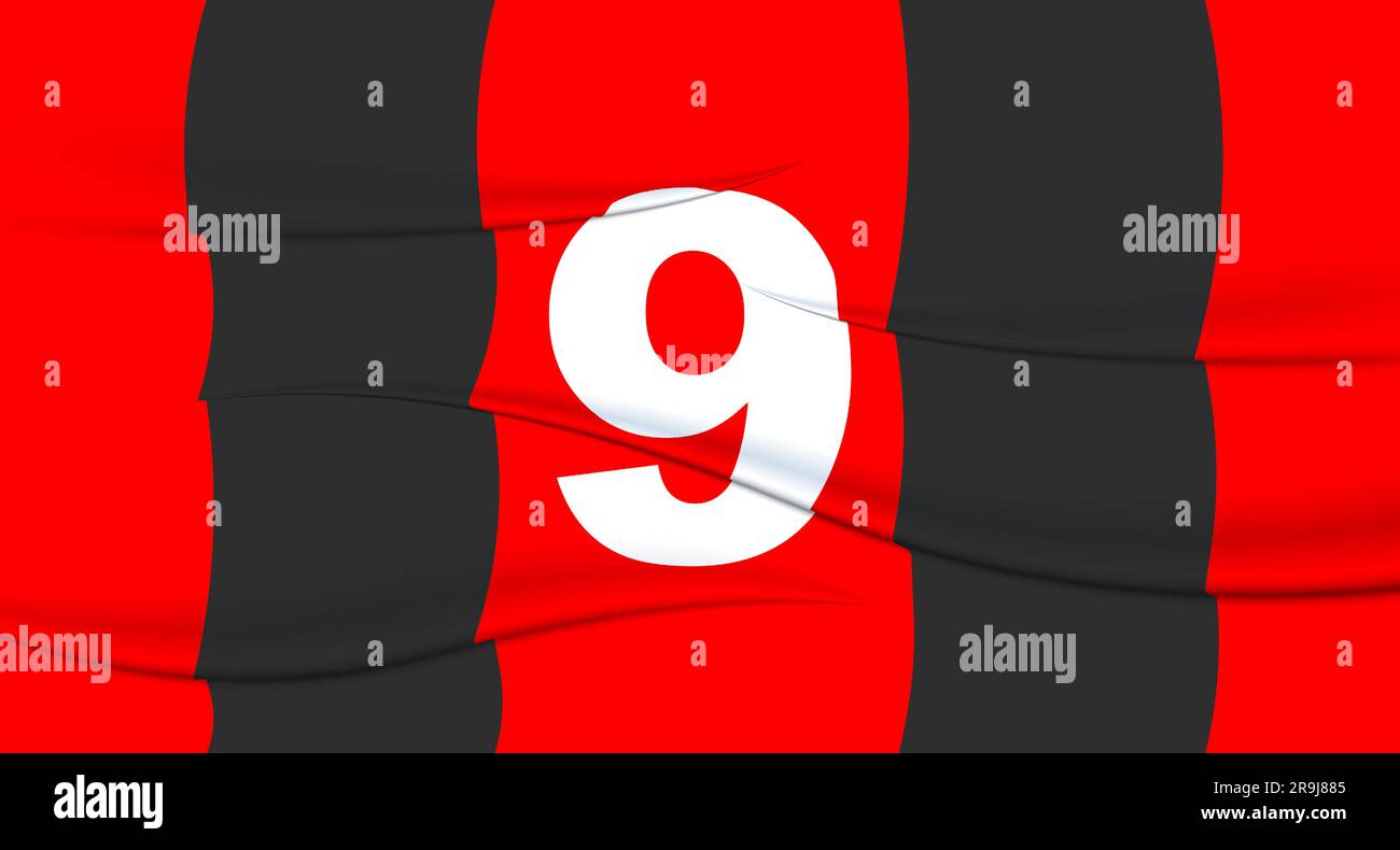 Red footballer's number on a football jersey. 9 Numbered print. Sports ...