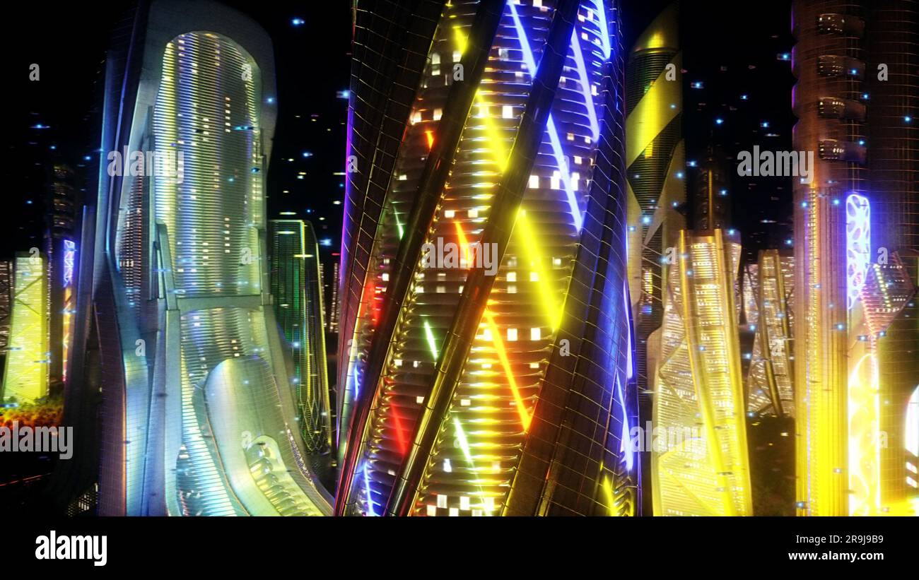 Futuristic city night. Sci fi architecture and buildings. Future ...