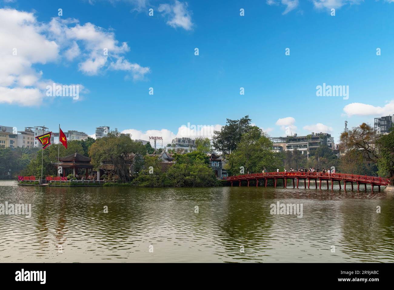 Hanoi, Vietnam-April 2023; View of the The Huc Bridge to the entrance ...