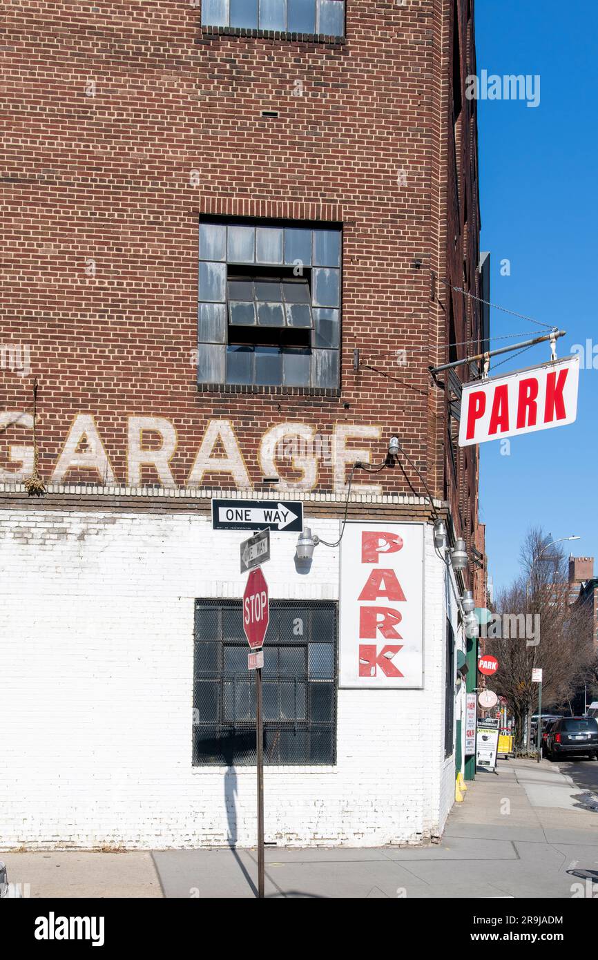 New York City, NY, USA-April 2023; Vertical view of brick corner ...