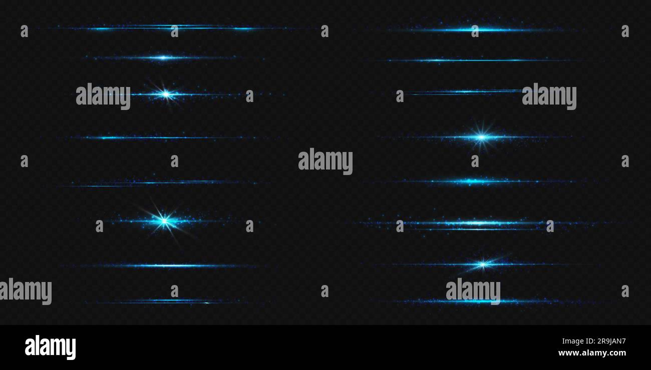 Blue line light glow with sparkle and flare shine. Horizontal turquoise neon streak effect ...