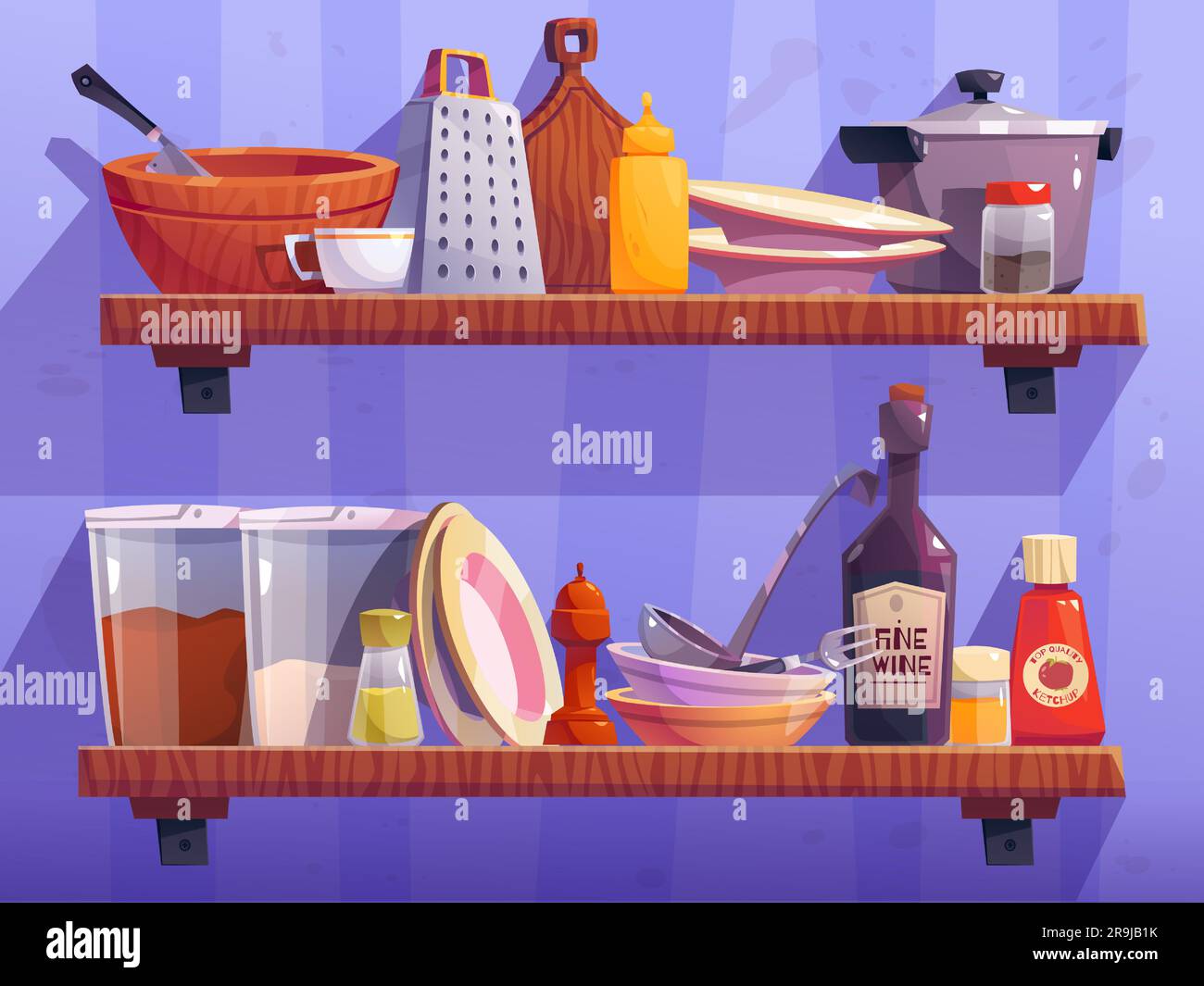 Cartoon kitchen shelf on wall with utensils and seasoning jars. Vector ...