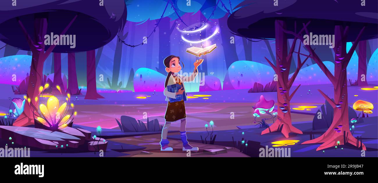 Teen girl looking at magic book flying in air. Vector cartoon ...