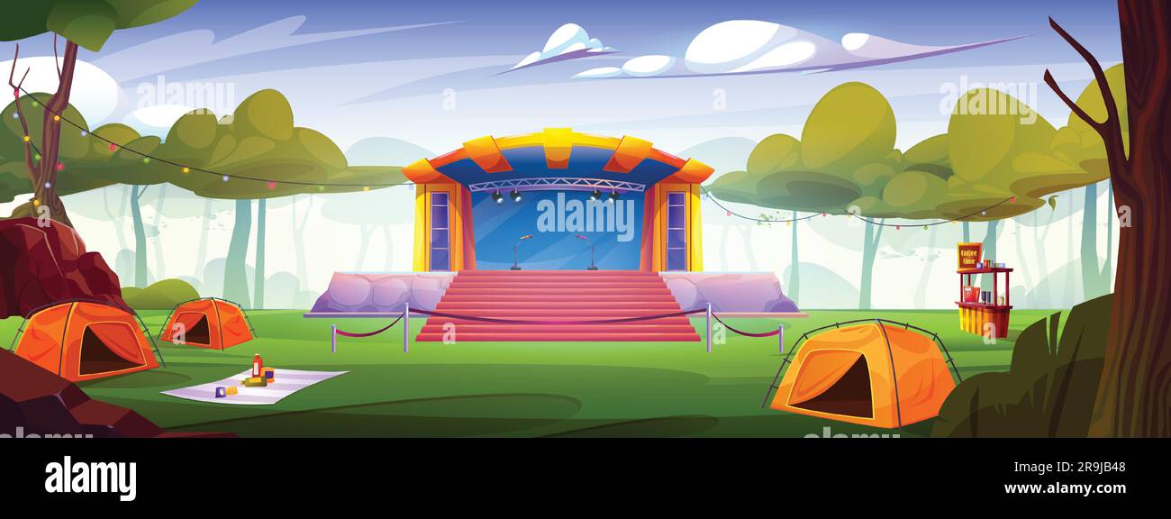Outdoor music concert stage in public park vector. Open air summer ...