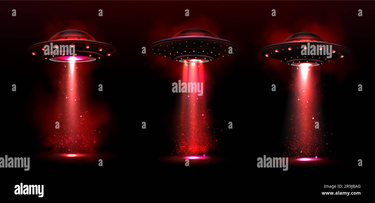 Realistic set of UFOs with red light and smoke portals isolated on ...