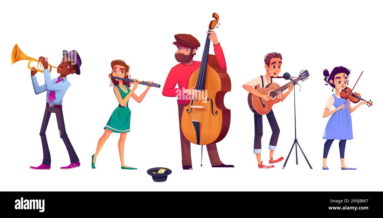 Street Music Band Performing Isolated On White Background Vector Cartoon Illustration Of Young