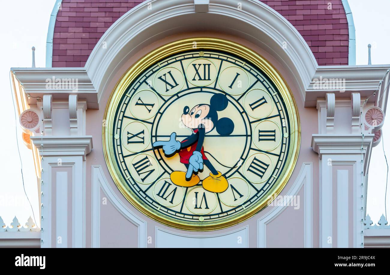 Paris, France - June 02, 2023: Mickey mouse clock tops the hotel at the ...