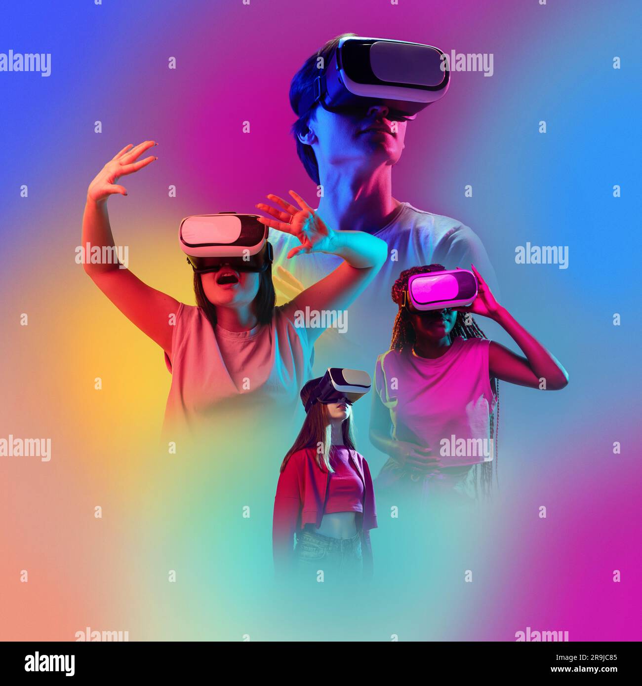 Collage with emotional girls and man wearing VR headset watching ...