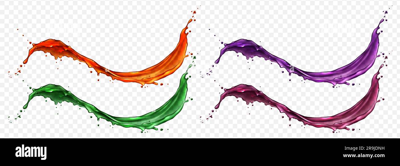 3d liquid juice, red wine and purple drink splash isolated on ...