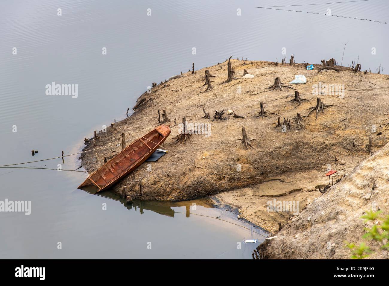 Dry lake bed or playa with a stranded rowing boat and tree stumps in ...