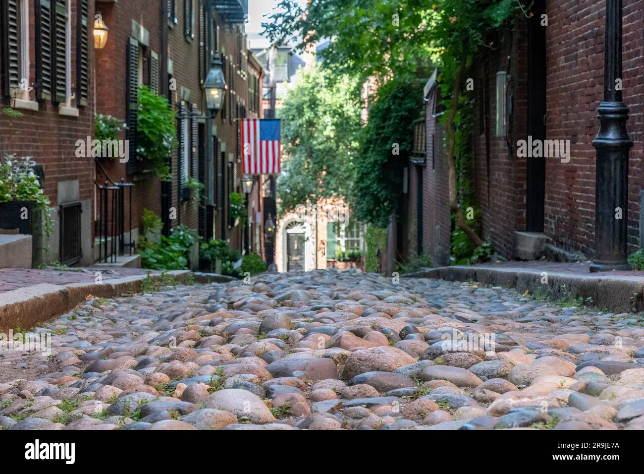 Boston, MA, USA-August 2022; Frog’s eye view down the cobblestones of ...