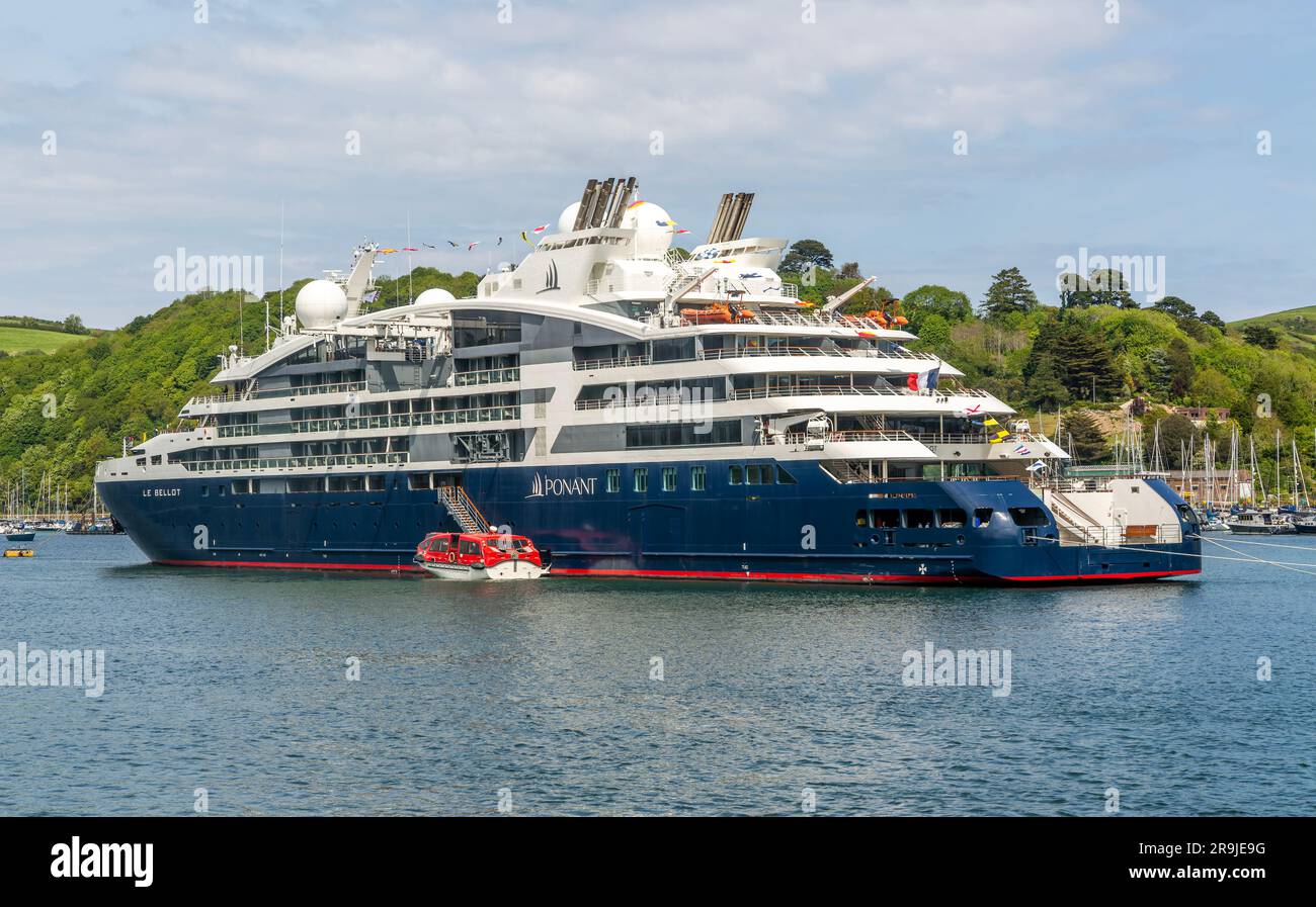 Le Bellot, Ponant cruise ship at moorings in River Dart estuary ...