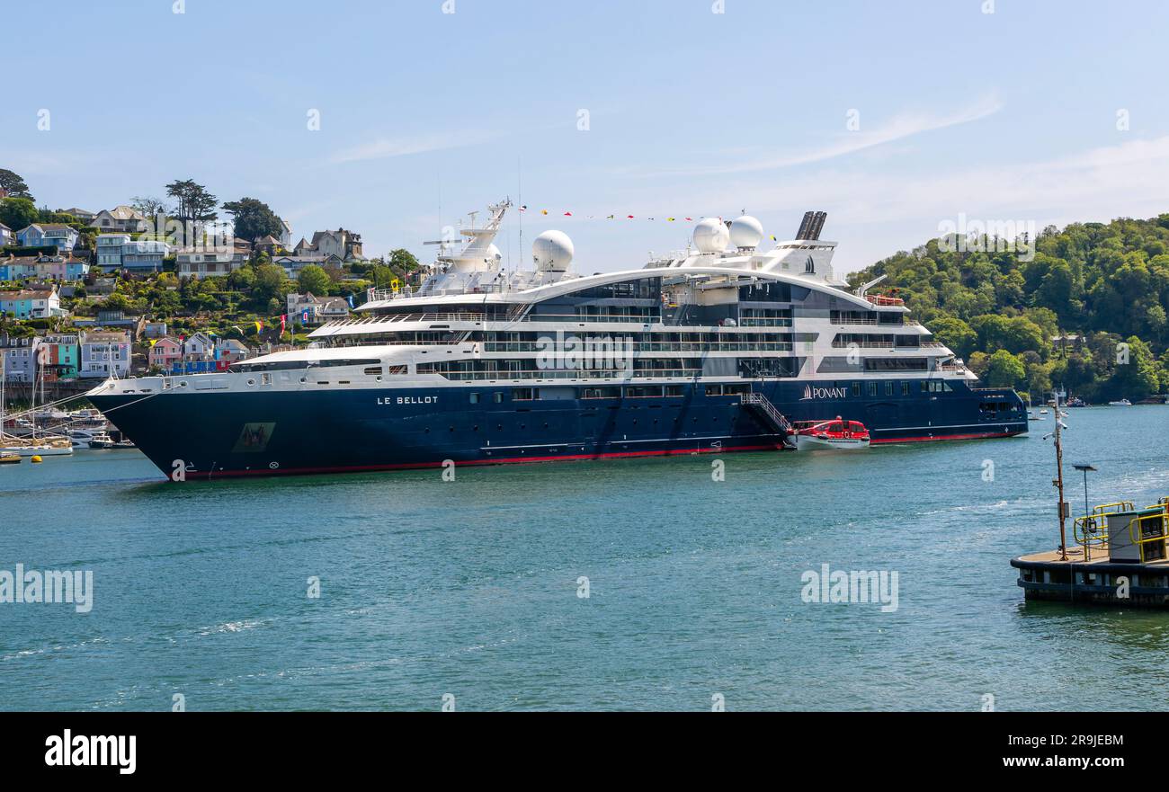 Le Bellot, Ponant cruise ship at moorings in River Dart estuary ...