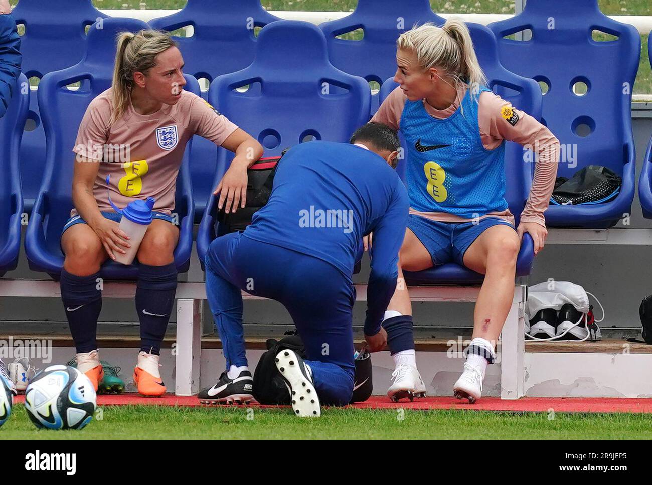 England's Alex Greenwood speaks to Jordan Nobbs (left) as she receives ...