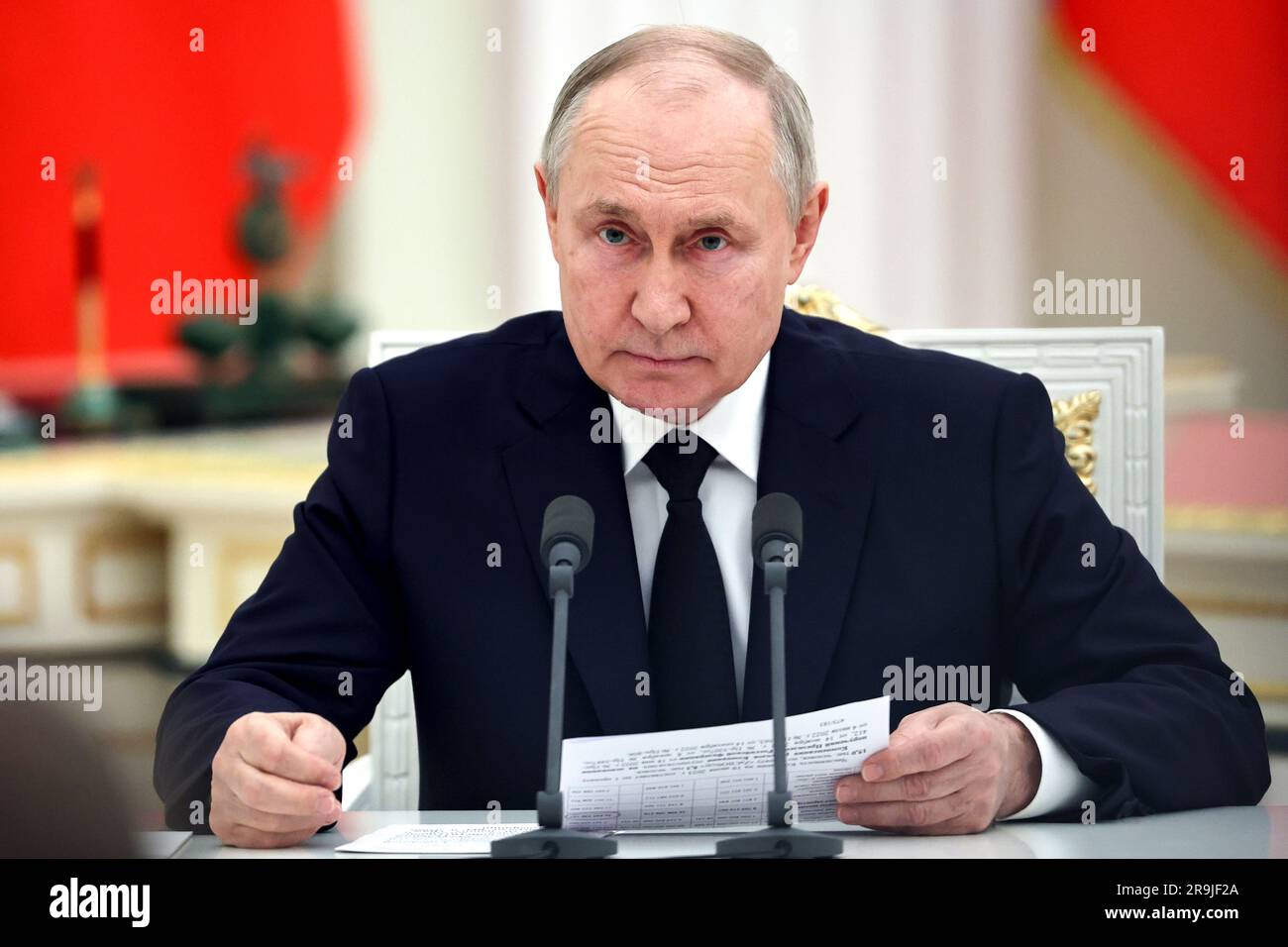 Russian President Vladimir Putin speaks as he meets with Russian servicemen at the Kremlin in ...