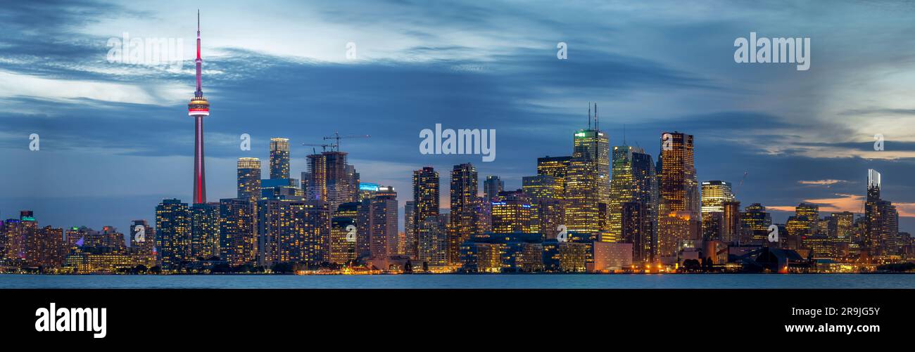 Panoramic view of Toronto skyline at blue hour sunset overlooking the ...