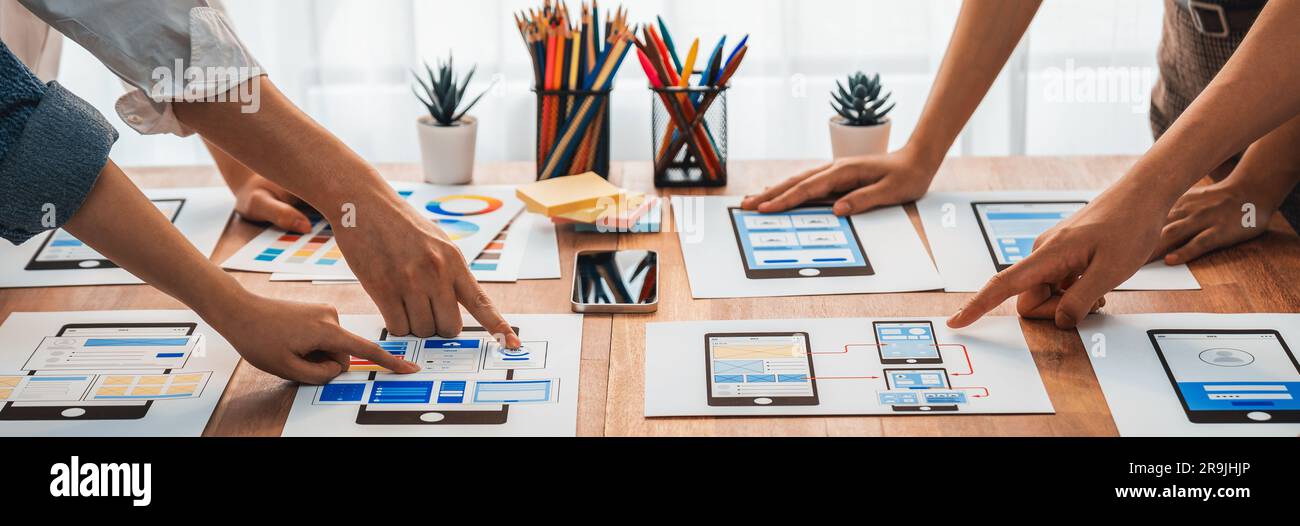 Panorama shot of front-end developer team brainstorming UI and UX ...