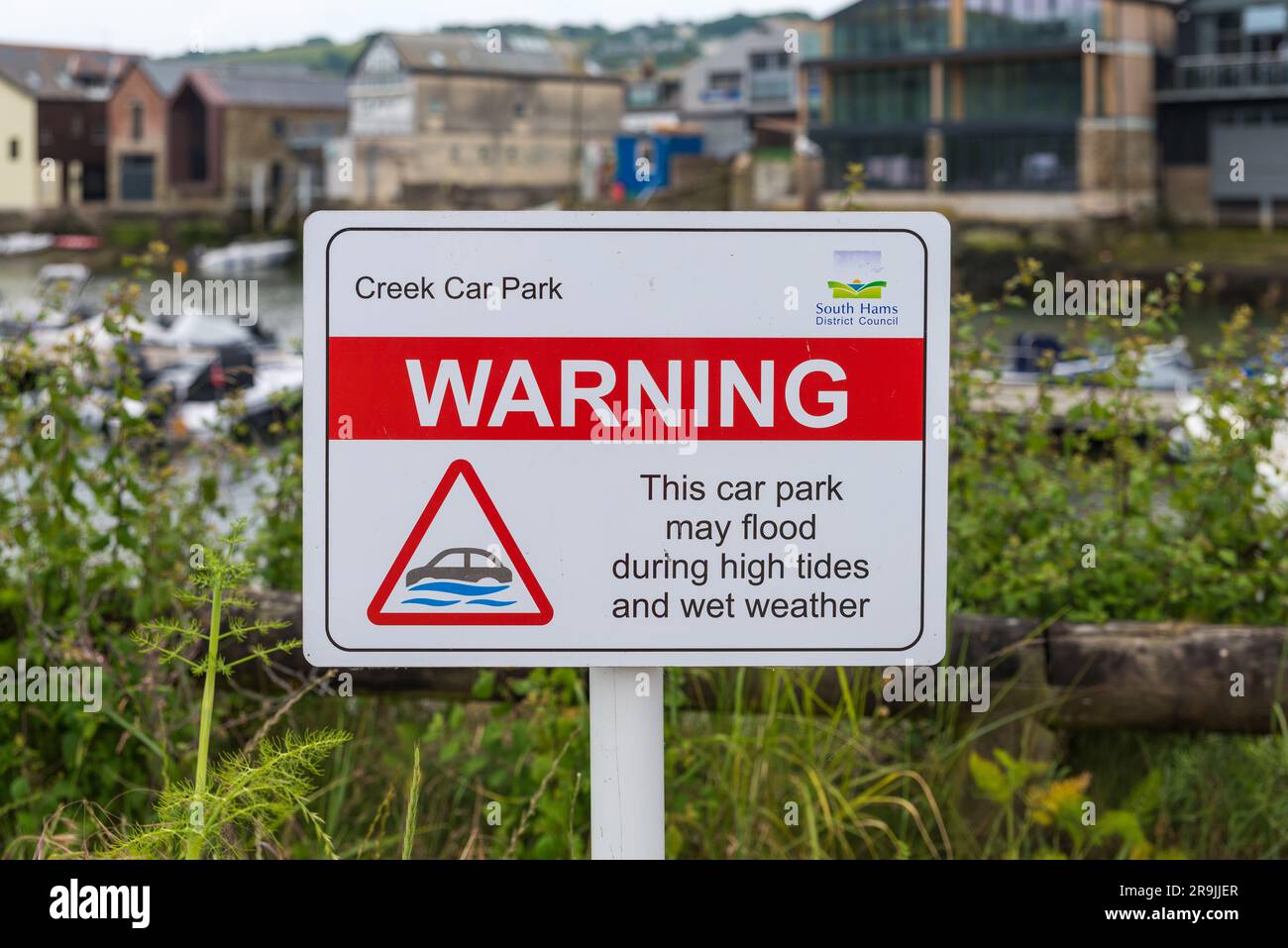 Warning sign in Creek Car park in Salcombe, Devon warning that car park ...