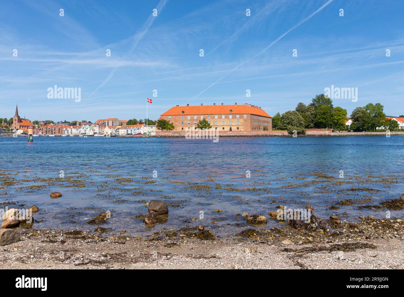 Port and 12th century castle at Sønderborg, Als, Denmark. View across ...