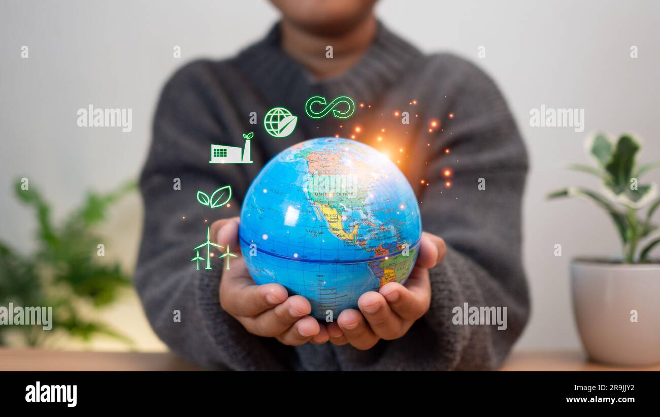 Human hand and model earth icon.Representing helping to save the ...