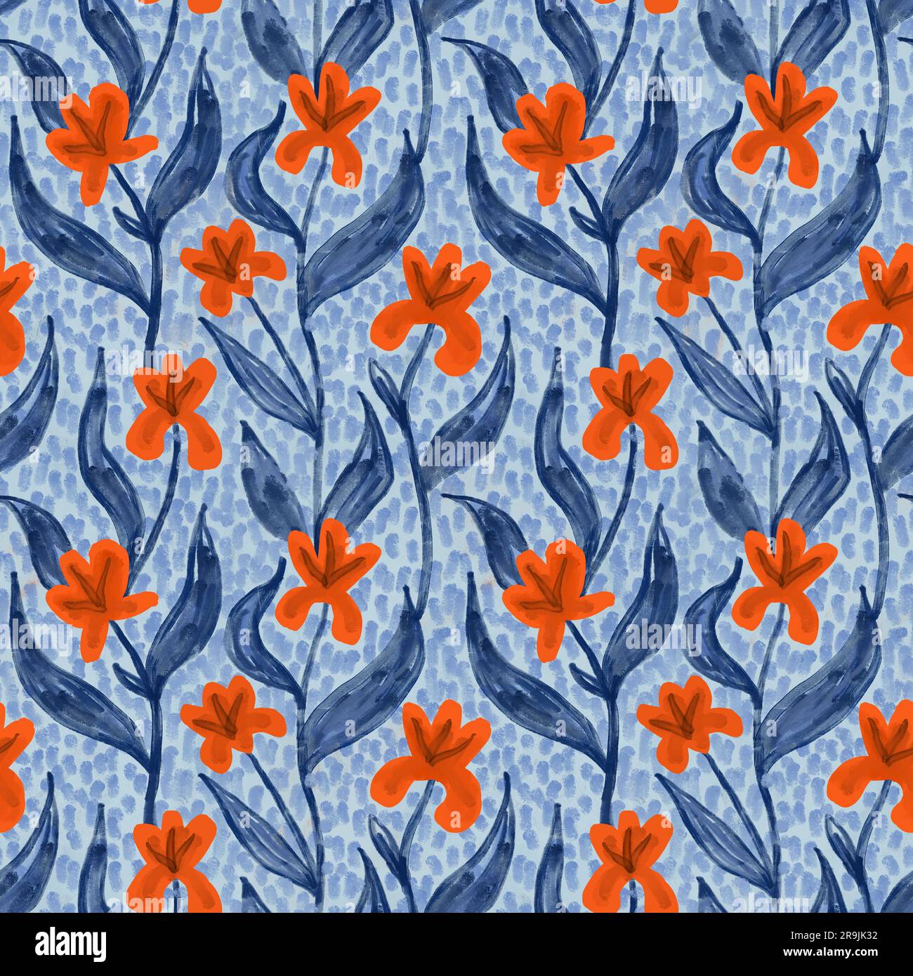 Hand drawn seamless pattern with orange blue flower floral elements ...