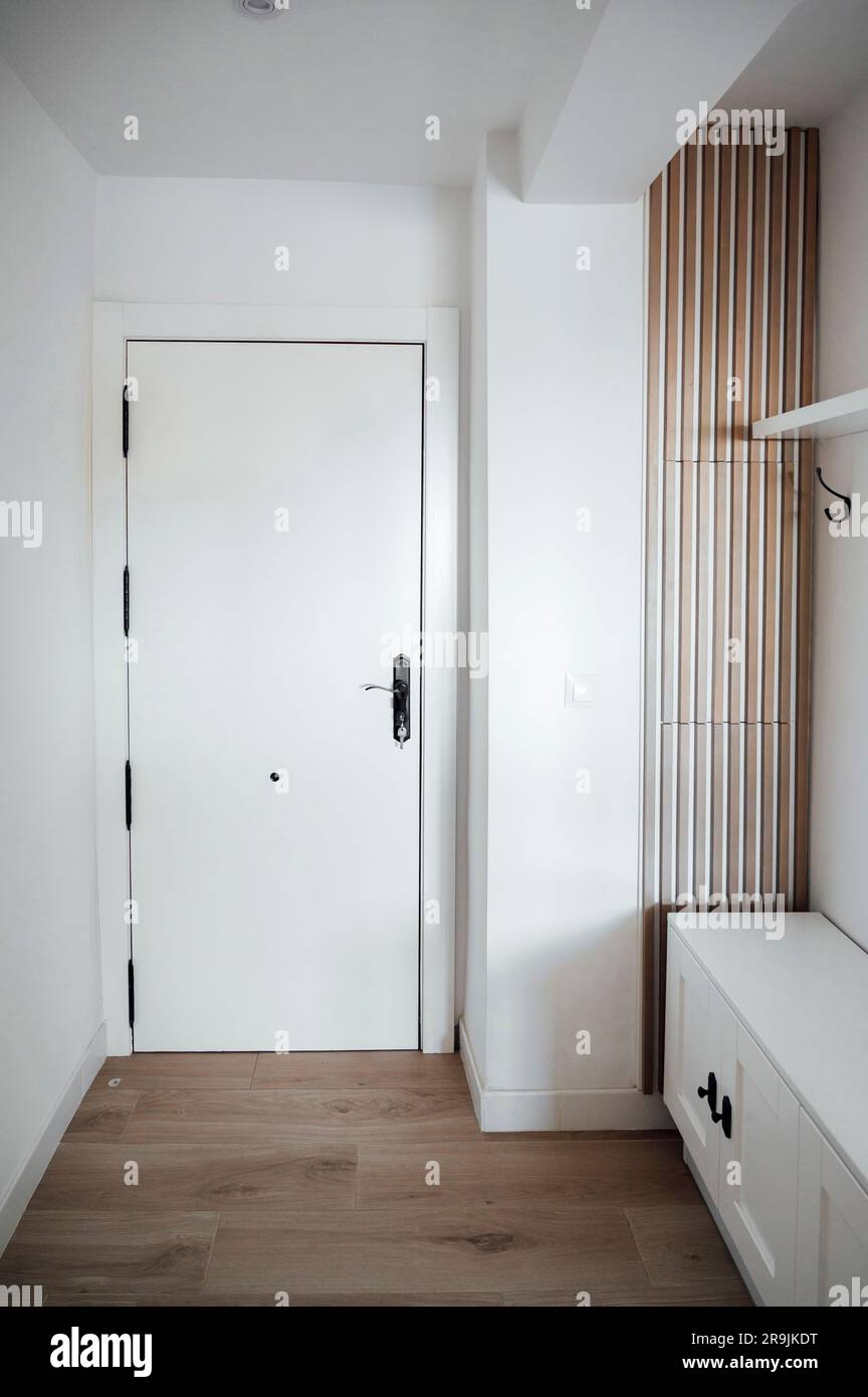 Interior design of narrow light room with white walls and closed door ...