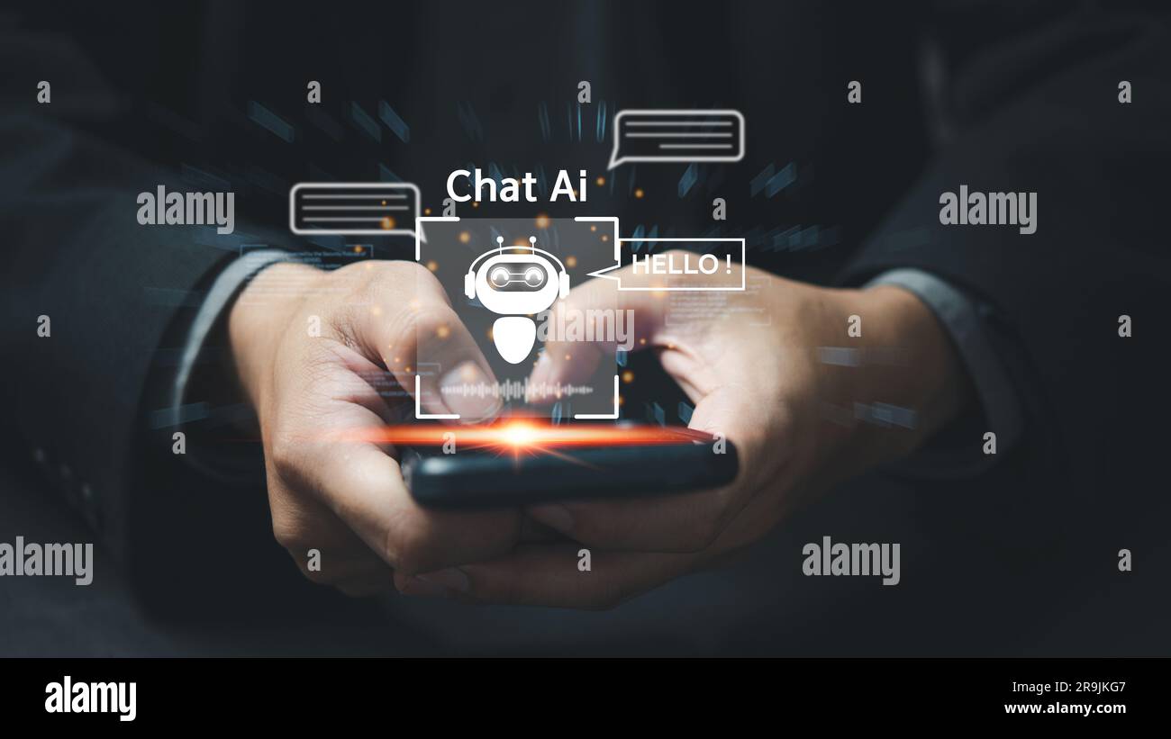 businessman using smart phone chatting with a smart AI or artificial intelligence. Digital ...
