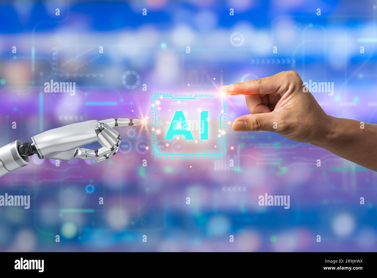 Robot touching artificial intelligence AI with businessman on ...