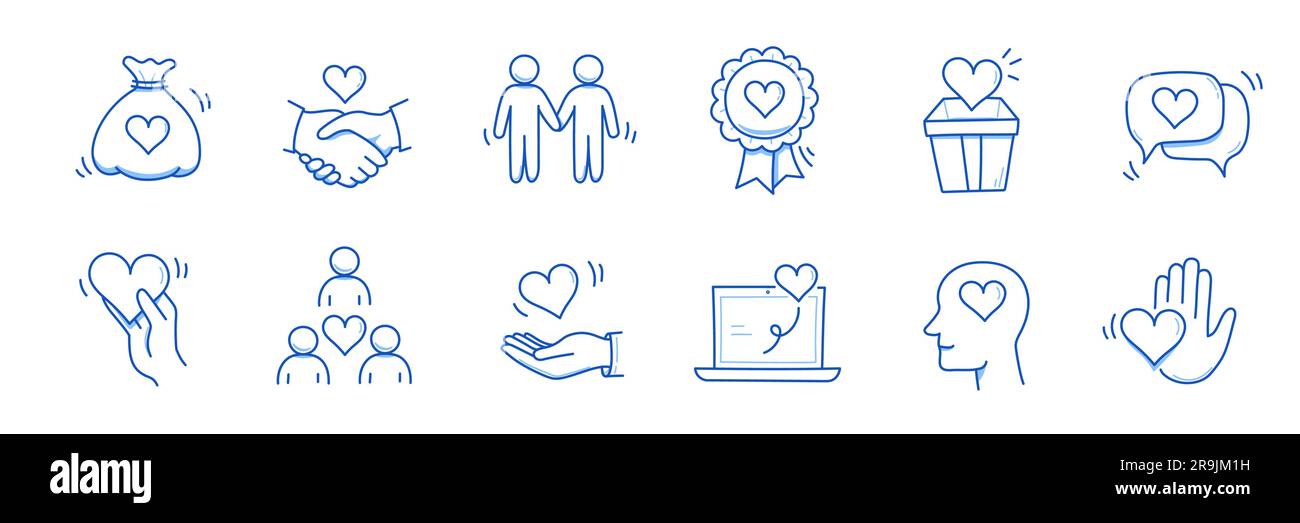Community trust hand, social heart doodle line icon. Charity community ...