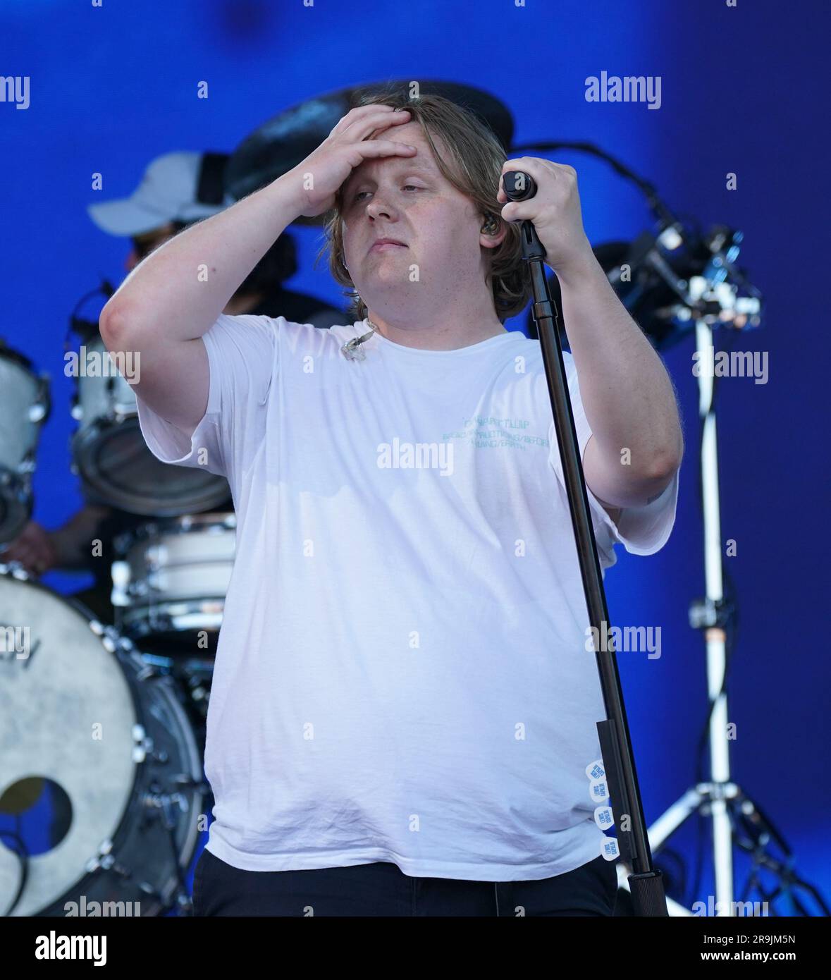 Lewis Capaldi performing on the Pyramid Stage, at the Glastonbury ...