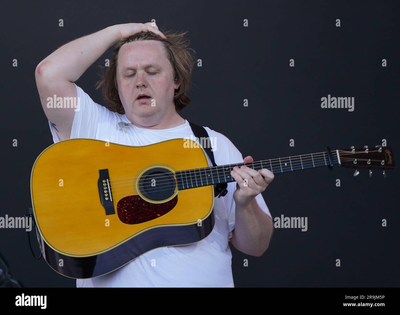 Lewis Capaldi performing on the Pyramid Stage, at the Glastonbury ...