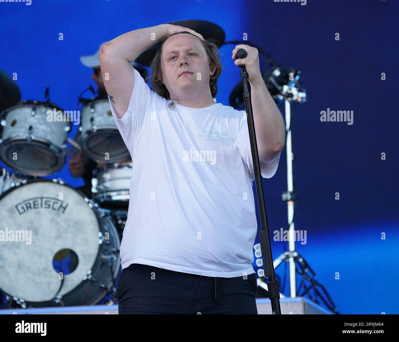 Lewis Capaldi performing on the Pyramid Stage, at the Glastonbury ...