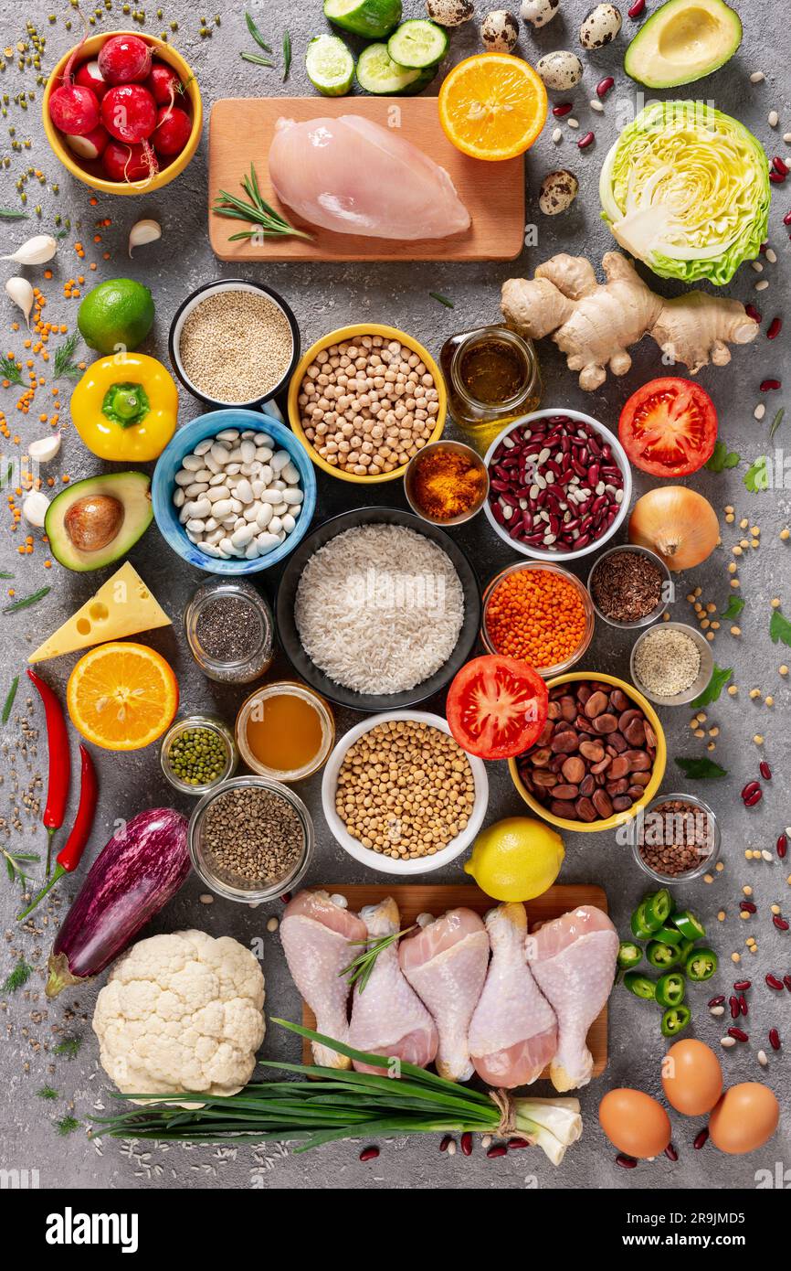 Healthy food vegetables, fruits grains, nuts, cereals and fruits, top ...