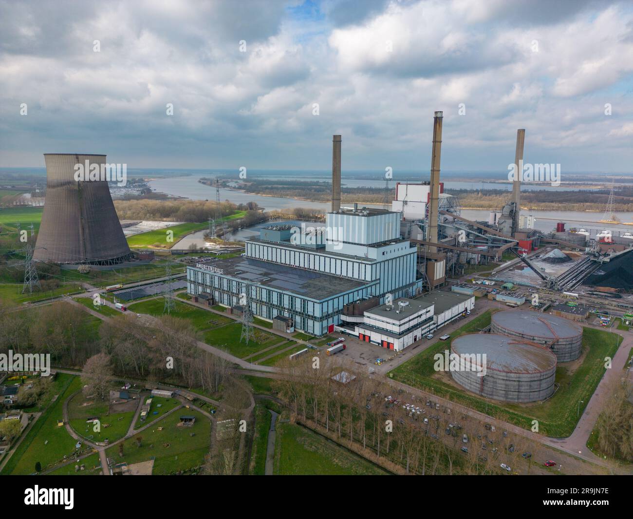 Aerial drone photo of the Amercentrale. It is a large coal and biomass ...