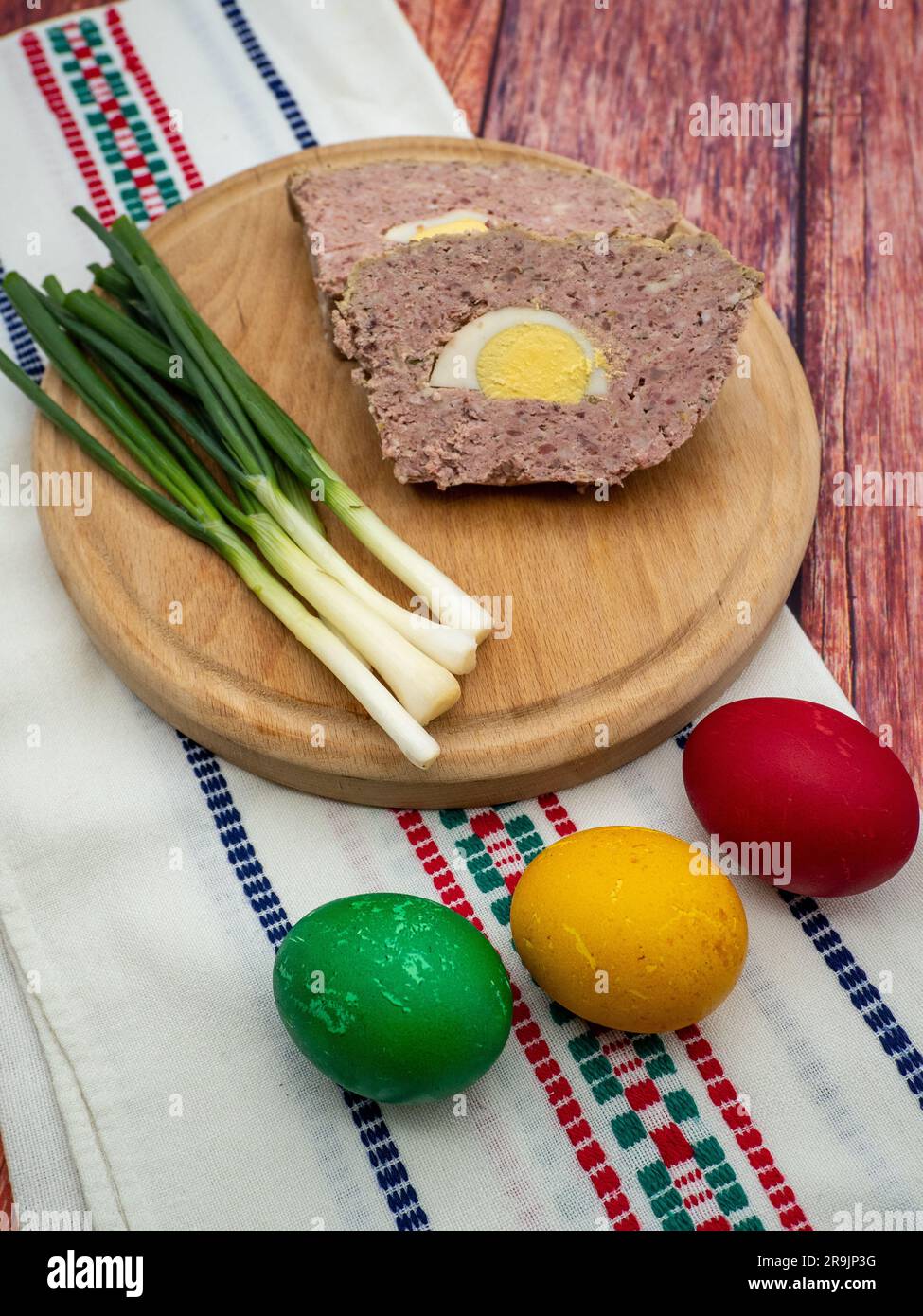 The meat cake, known as drob and easter colored eggs, Romanian easter ...