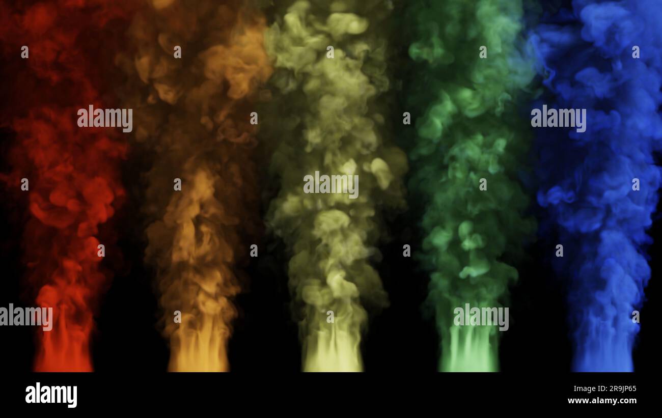 Clouds of multi-colored smoke rise up on a black background. 3d ...