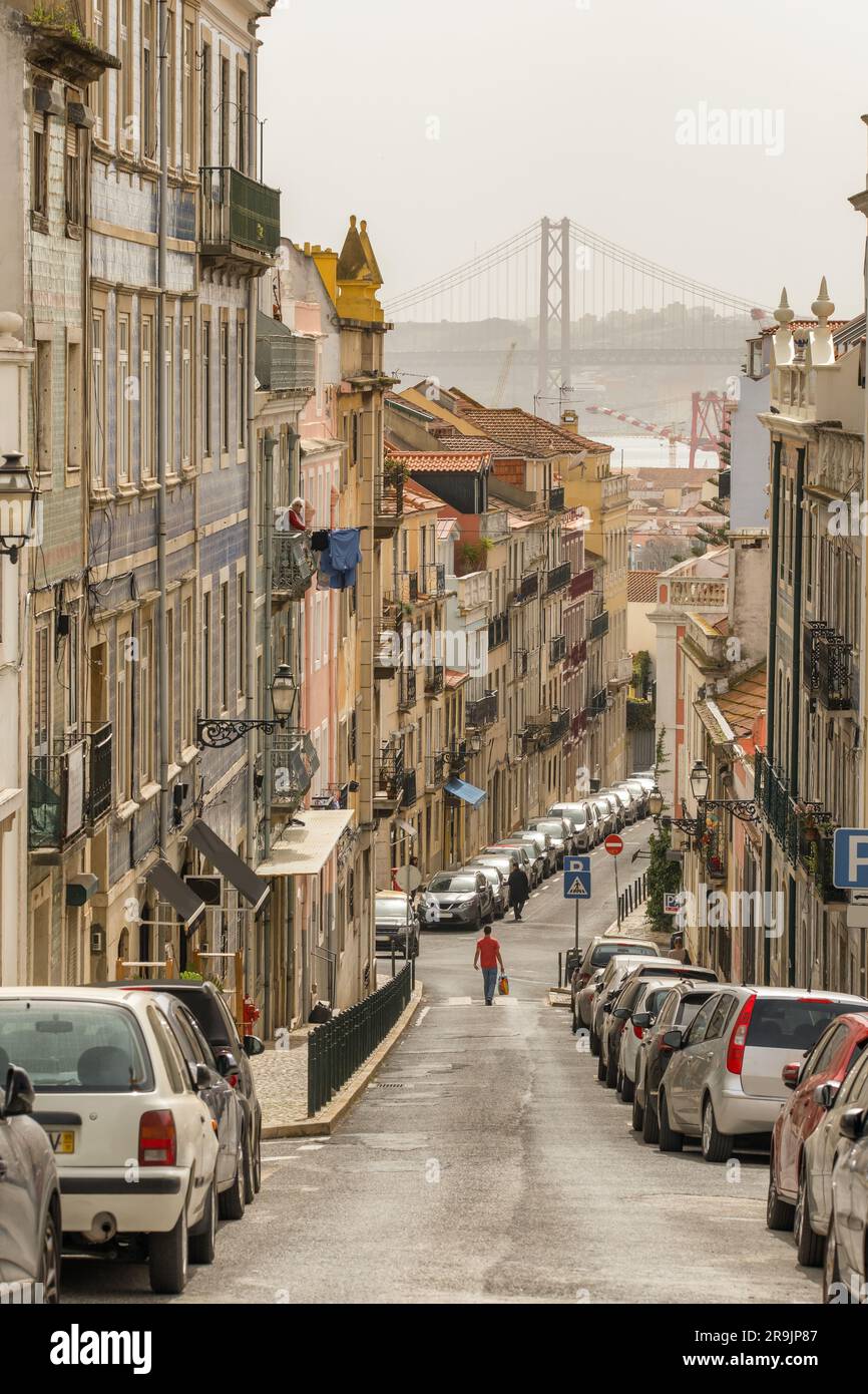 Lisbon cityscape with famous 25 de Abril Bridge at background Stock ...