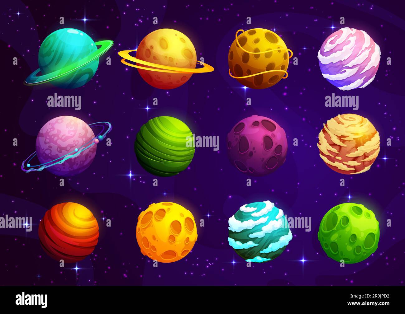 Cartoon aline fantasy space planets of galaxy world game, vector ...