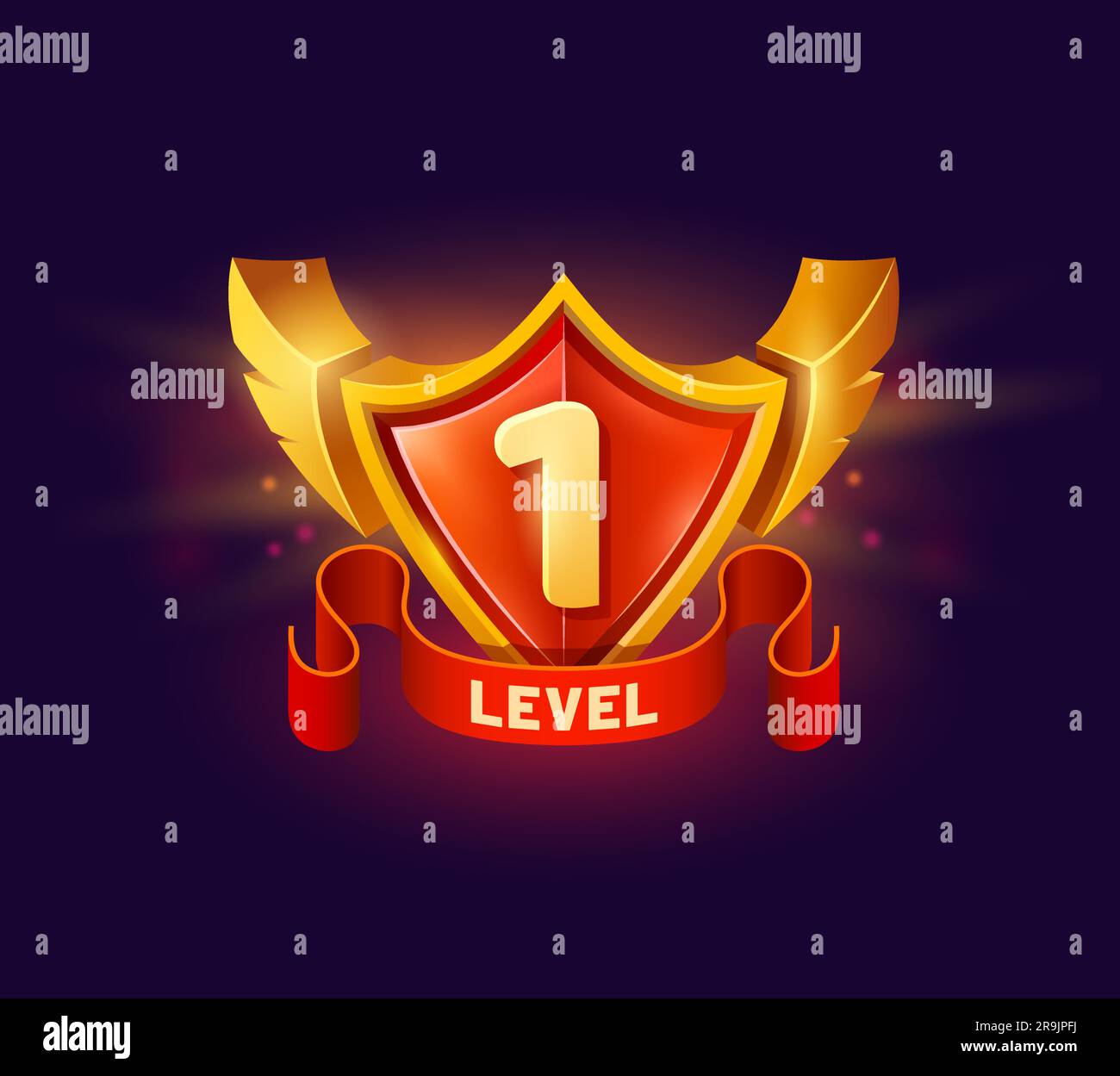 Game level up shield badge, win icon, bonus award or medal banner ...